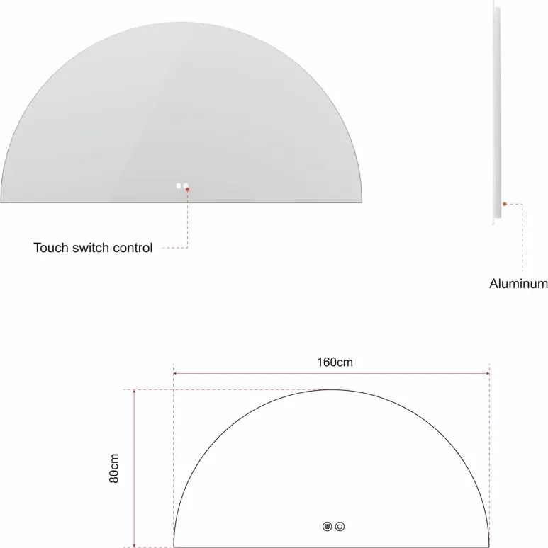 Erga Kori, půlkruhové LED zrcadlo 80x160cm, 3220 lm, 3 barvy světla, ERG-V01-KORI-8016-CL