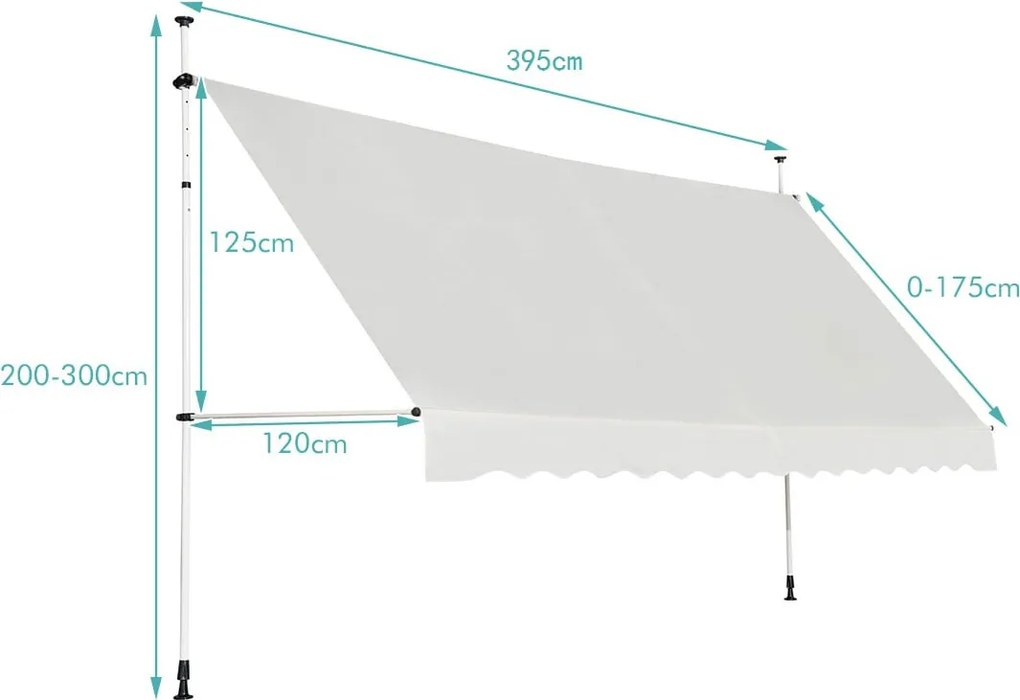 Costway 395 cm široká příchytná markýza bez vrtání, balkonová markýza odolná