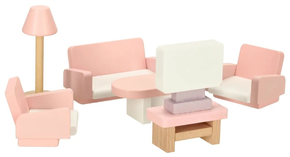 Creative Corner Domeček pro panenky nábytek obývací pokoj ložnice koupelna kuchyně dřevěný růžový