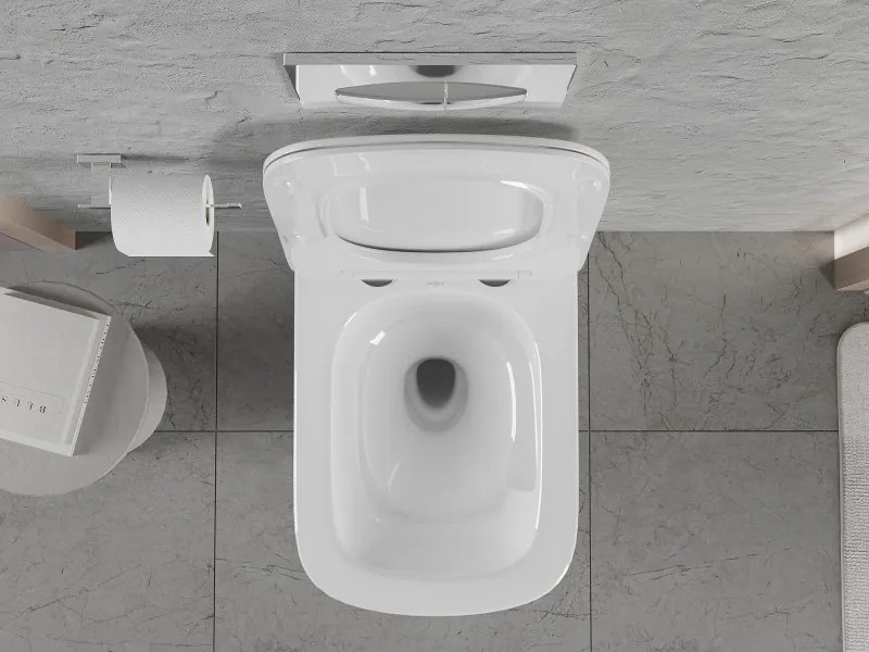 Mexen Riva, závěsná WC mísa 555x370x335 mm, Rimless Tornádo + WC sedátko z duroplastu, bílá lesklá, 30630200T