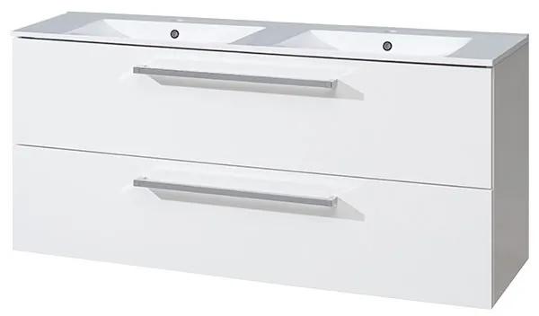 Mereo, Koupelnová skříňka s keramickým dvoumyvadlem 120 cm,  bílá/bílá CN663