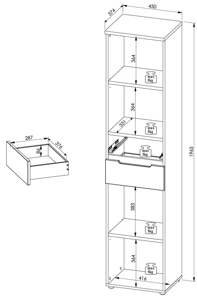 Kancelářský regál Brego 06 45 cm se zásuvkami grafit/dub Artisan