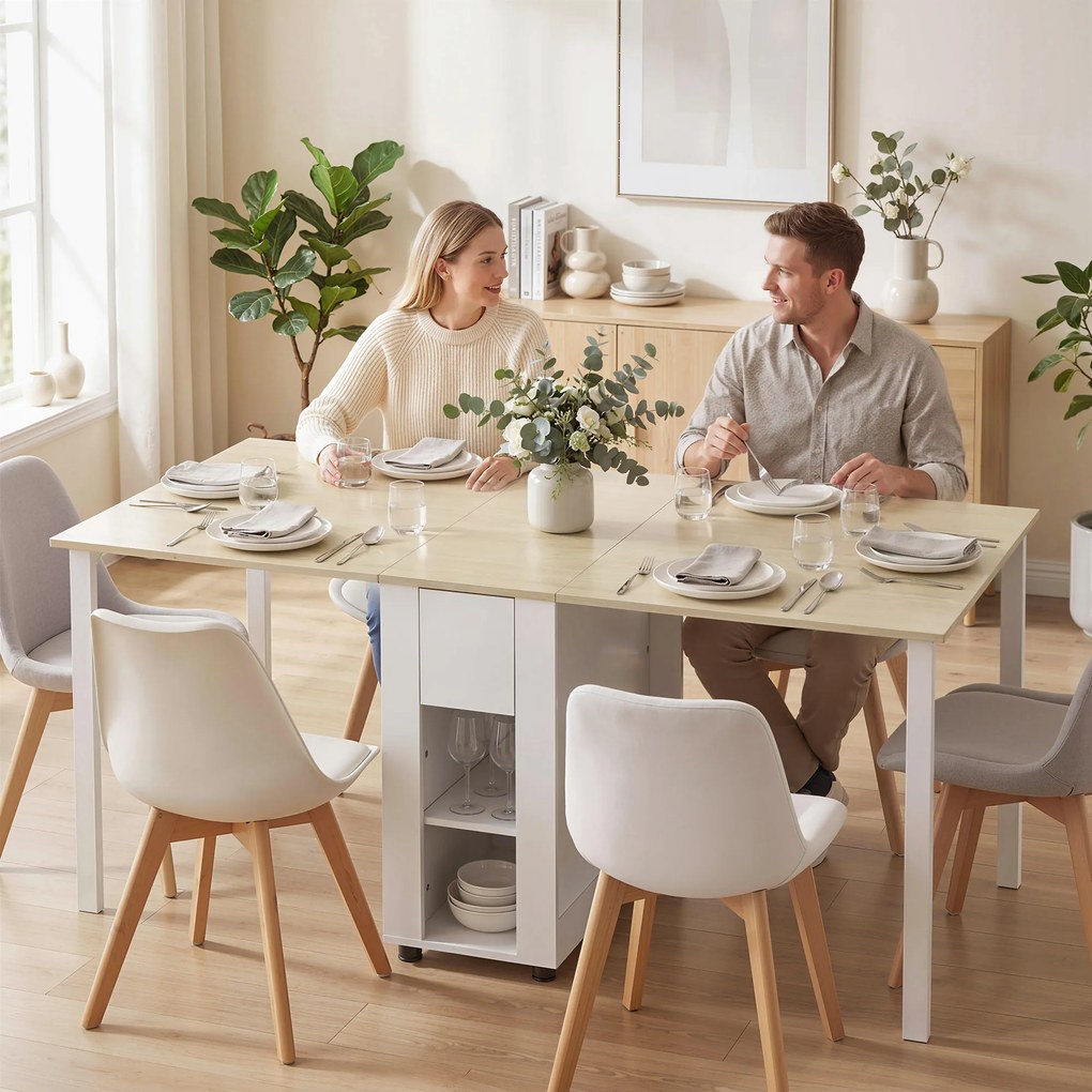 HOMCOM rozkládací jídelní stůl pro 6 osob, skládací kuchyňský stůl s výsuvnými deskami, zásuvkami a policemi, 168,2 x 85 x 73 cm, bílý