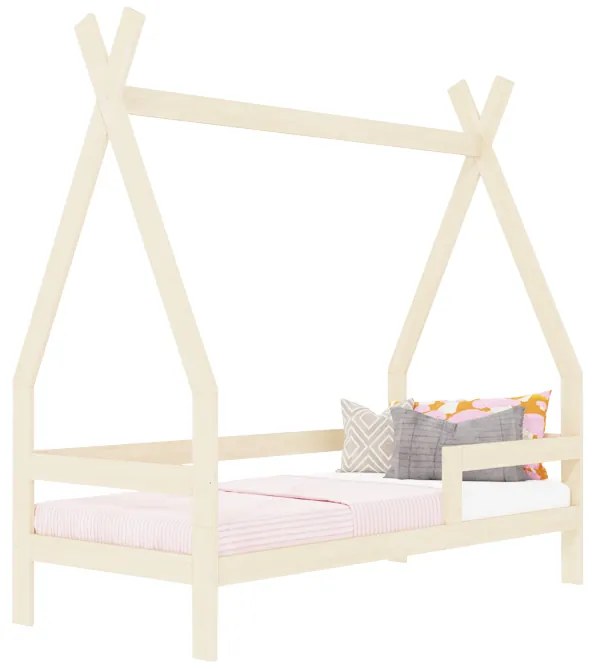 Benlemi Dětská dřevěná postel SAFE 5v1 ve tvaru teepee se zábranou Zvolte barvu: Béžová, Zvolte rozměr: 90x160 cm, Zvolte zábranu: Se dvěma zábranami
