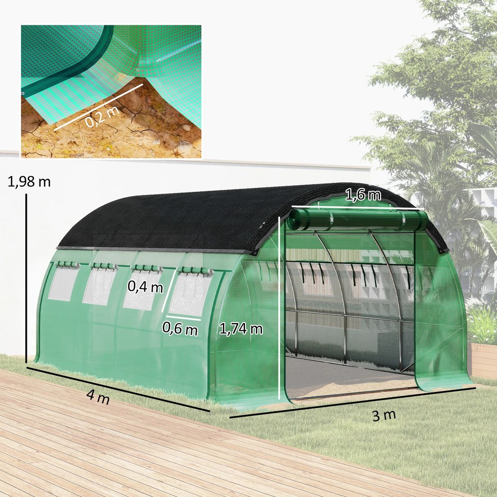 polytunelový skleník 4 x 3 x 2 m s ochrannou sítí proti slunci, rolovací boční stěny, plastový kryt, ocelový rám, zelený