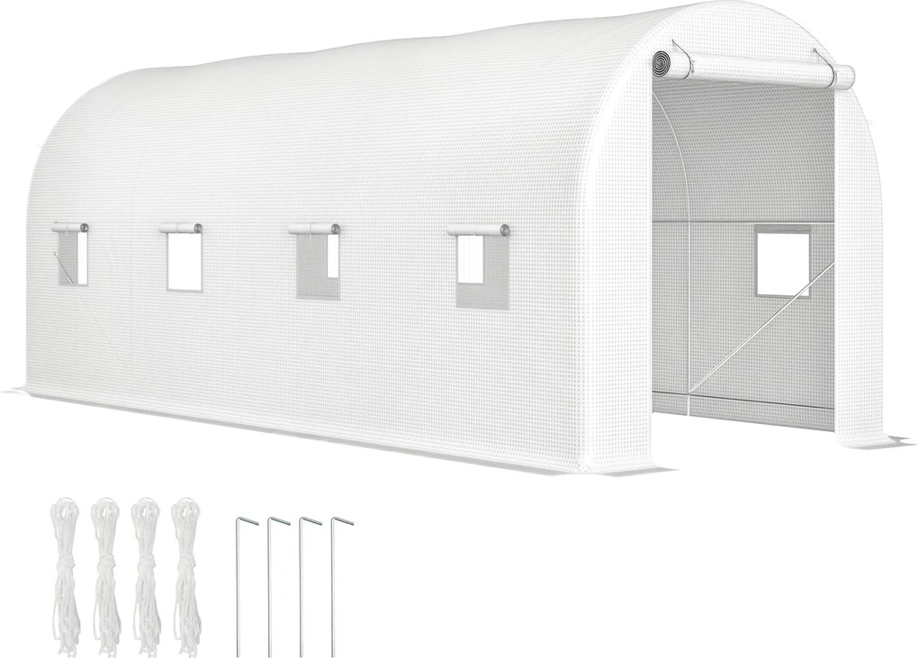 Outsunny Zelená Tunelová Skleník 500x200x205 cm se zipovým Dveřmi a 8 Okny, PE Kryt 140 g/m², Kovový Rám pro Pěstování Rostlin a Zeleniny Bílý | Aosom