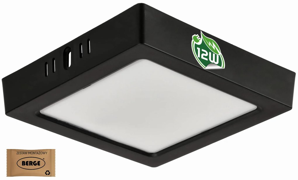 BERGE Čtvercový LED panel přisazený - černý - 12W - PC - neutrální bílá