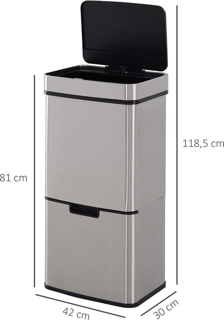 HOMCOM Odpadkový koš 72L Odpadkový koš se senzorem, systém třídění odpadu, 3 přihrádky, nerez, stříbrná, 42x30x81 cm| Aosom