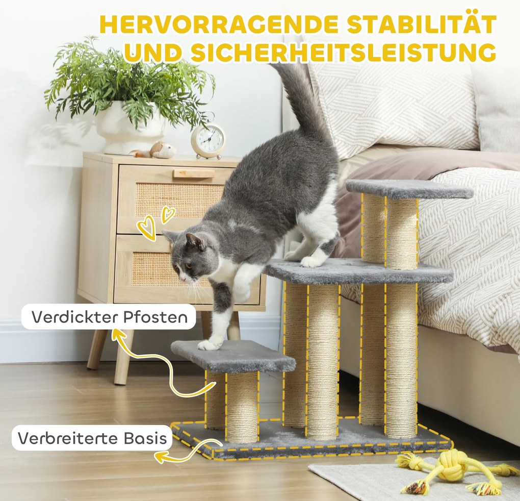 PawHut Psí schůdky 3 stupně 54 cm vysoké Schůdky pro domácí mazlíčky pro malé psy, kočičí schody se sisalovým škrabadlem, hrací míček