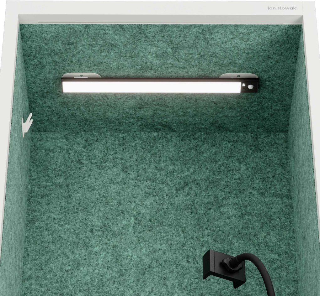 Kancelářská akustická kabina se sedátkem a USB-C portem, korpus bílý / sedák zelený, 600 mm: SALLY MentalBox