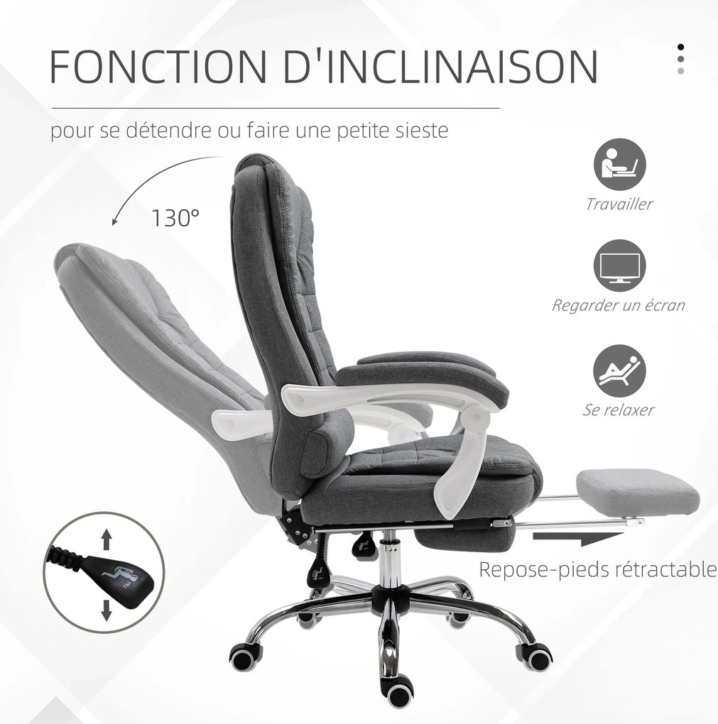 Ergonomická kancelářská židle Vinsetto s opěrkou nohou, s polohovací opěrkou zad, polstrovanými područkami a šedým látkovým potahem