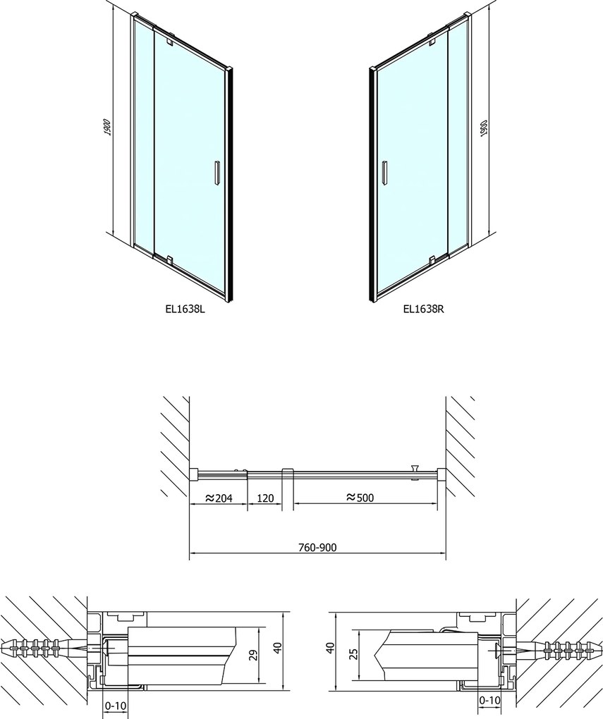 Polysan Polysan, EASY LINE otočné sprchové dveře 760-900mm, sklo BRICK, EL1638