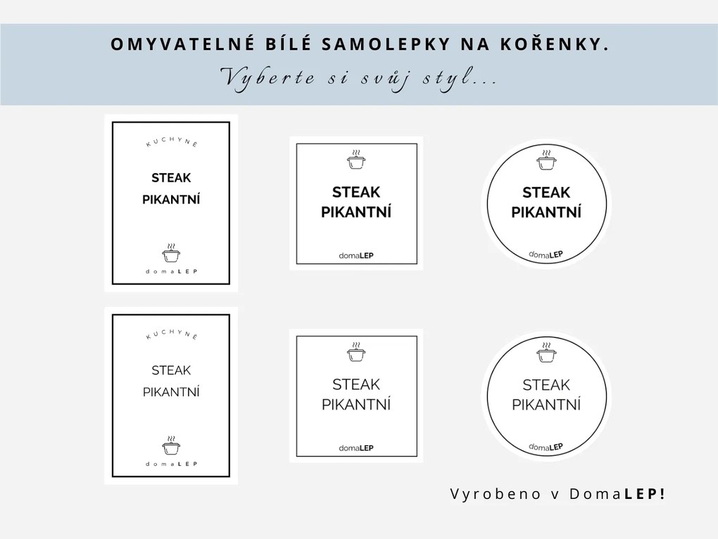 STEAK PIKANTNÍ - omyvatelná samolepka na kořenky, výběr rozměrů Ø 5 cm / 5 x 5 cm / 6 x 8 cm | DomaLEP tvar: ČTVEREC, barva: BÍLÁ - ČERNÉ písmo, velikost: š. 5 cm x v. 5 cm - tučné písmo