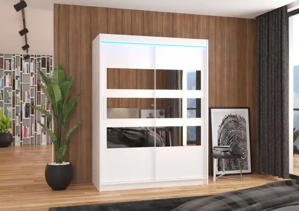 Posuvná skříň se zrcadlem a LED osvětlením FLORENTO 150 bílá