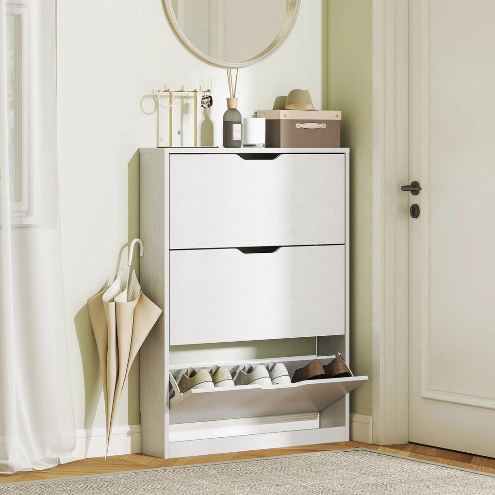 HOMCOM Skříň na boty se 3 dvířky, Botník, Skříň na obuv pro 9-12 párů bot 80 x 17 x 108 cm, Bílá