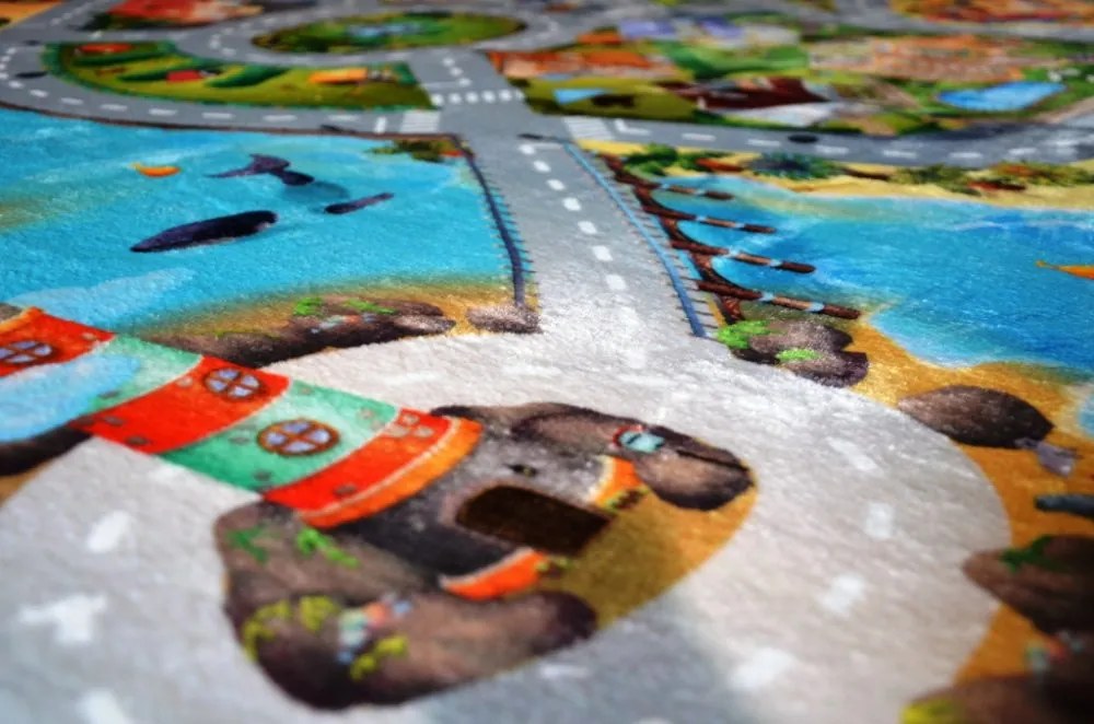 Vopi | Dětský koberec Ultra Soft Město s pláží - 130 x 180 cm, zelenomodrý (86031)