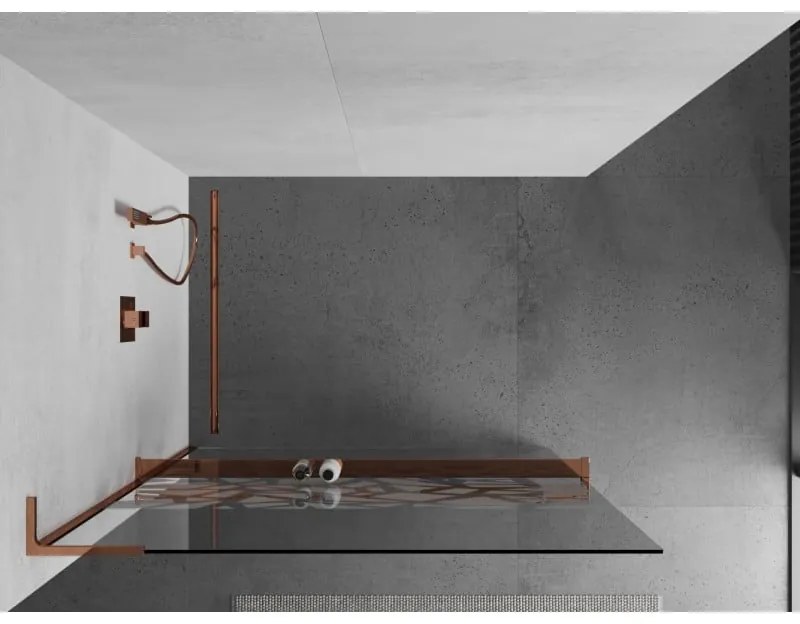 Mexen Kioto+ L, sprchová zástěna Walk-In s poličkou a věšákem 100 x 200 cm, 8mm čiré sklo bílý vzor, růžové zlato profil, 800-100-123-60-85
