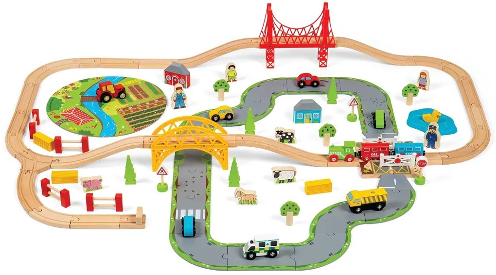 Bigjigs Rail Dřevěná vláčkodráha s venkovskou cestou 80 dílů