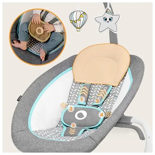 Lionelo - Dětské vibrující houpátko s melodií PASCAL 2xAA šedá/tyrkysová