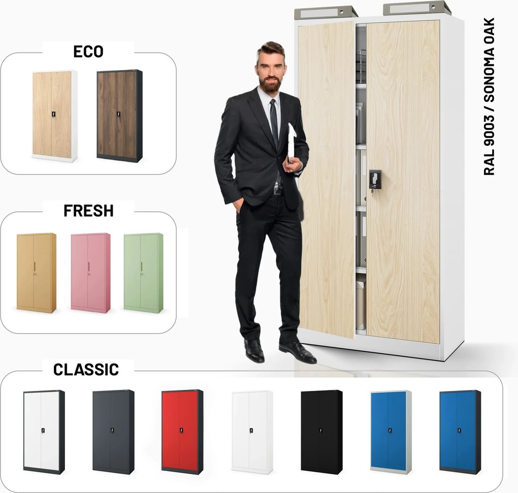 Kancelářská skříň na dokumenty se 4 policemi, bílá/dub sonoma, 900x1850x400 mm: JAN Eco Design