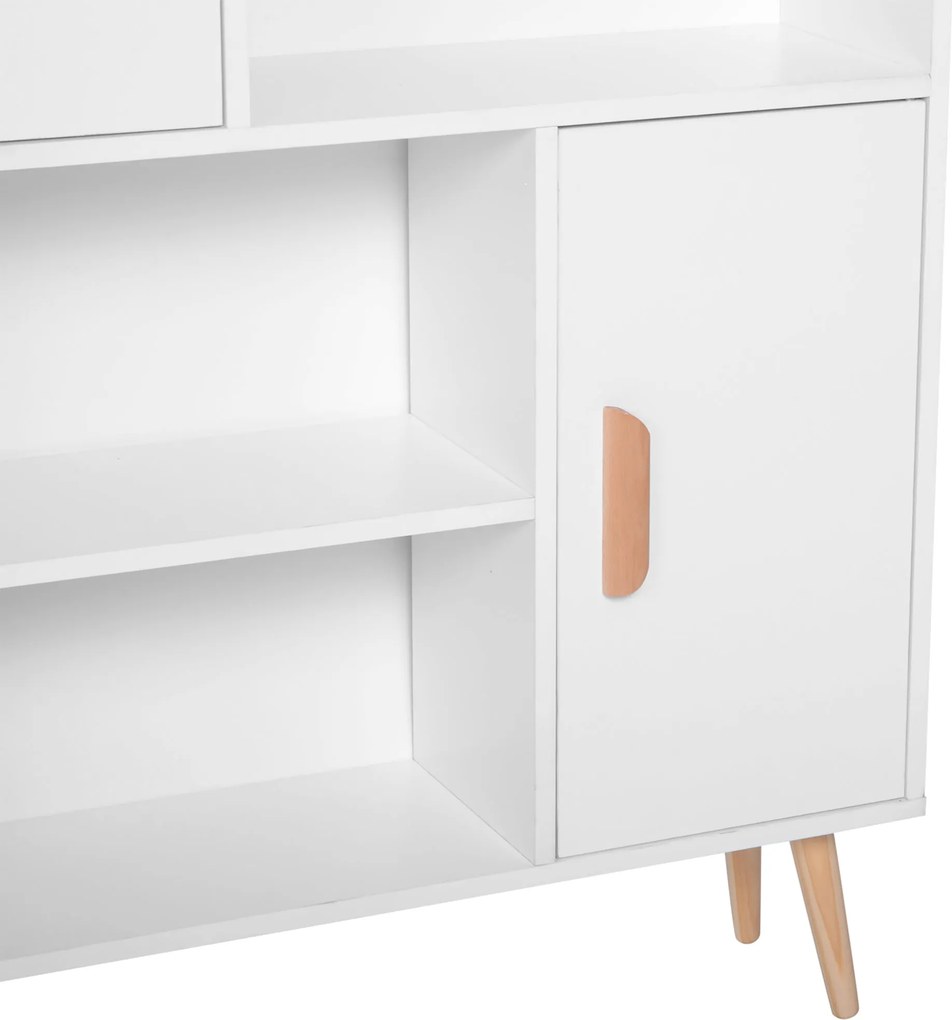HOMCOM Skandinávská Knihovna se 4 Policemi + 2 Skříňkami s Nastavitelnou Policí rozměr 80D x 24Š x 123V cm, Se Šikmýma Nožkama z Pevného Borového Dře…