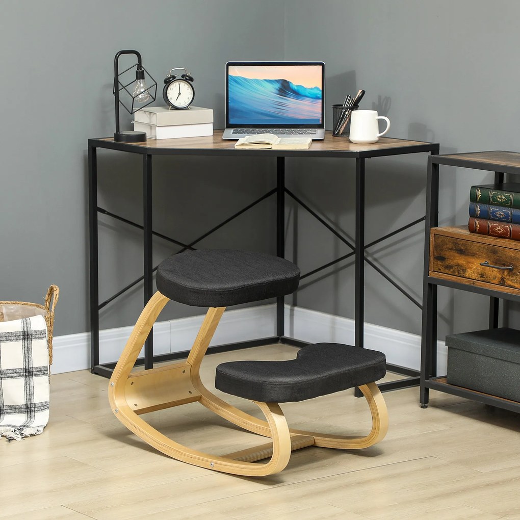 HOMCOM Ergonomická houpací kolenící židle v lněné efekt tkanině a z březového dřeva, 50x73x55 cm, Černá