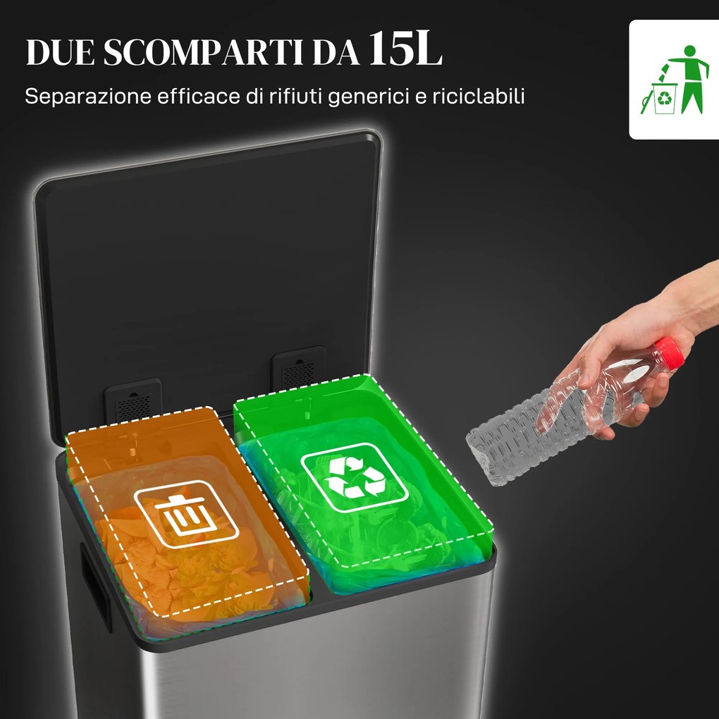 HOMCOM Koš na odpadky s pedalem, 2 přihrádky 15L, měkké zavírání víka, nerezová ocel a PP, 41,8x36,7x44 cm, stříbrný