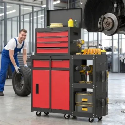 HOMCOM vozík na nářadí na kolečkách 3-v-1 s 5 zásuvkami a spodní skříňkou, děrované panely a zámek, černá a červená