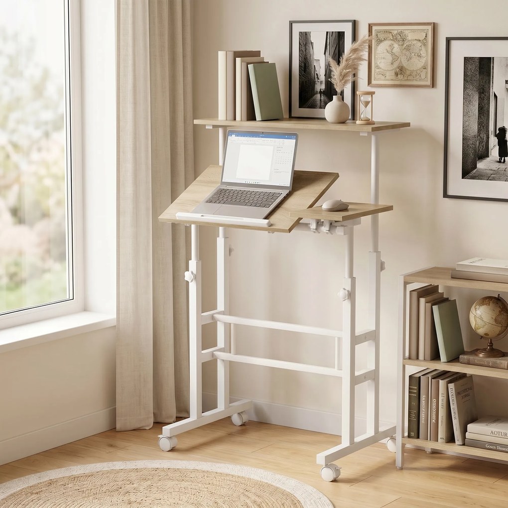 HOMCOM sedací‑stojací stůl výškově nastavitelný 70 x 60 cm na kolečkách s naklápěcí deskou, kovový rám, hnědý