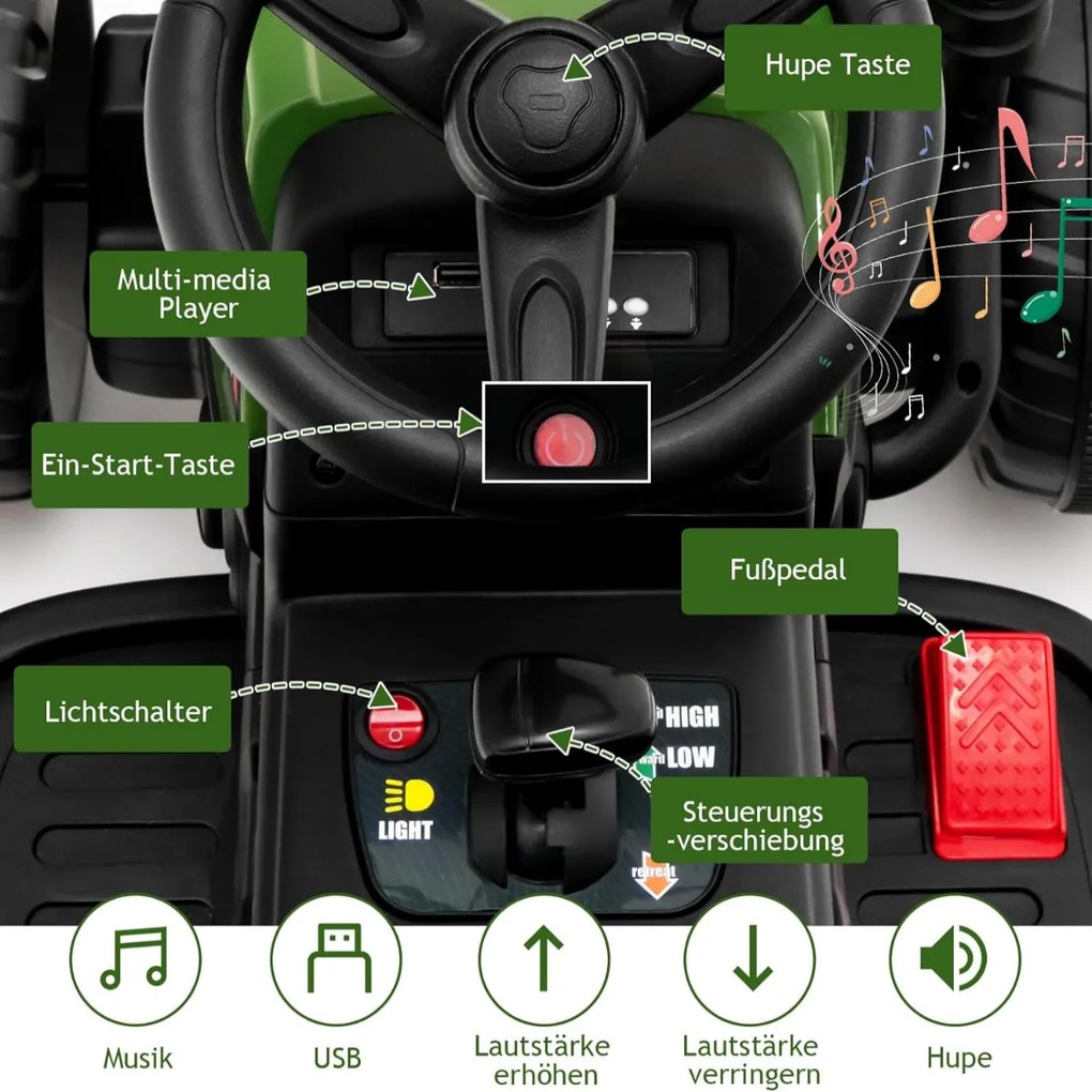 Costway 12 V dětský traktor s odnímatelným přívěsem a dálkovým – tmavě zelená