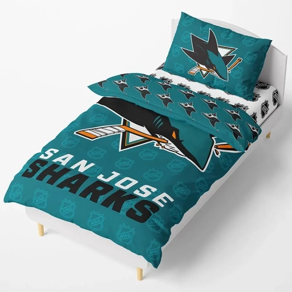 Hokejové ložní povlečení NHL San Jose Sharks - motiv Shield - 100% bavlna renforcé - 70 x 90 cm + 140 x 200 cm