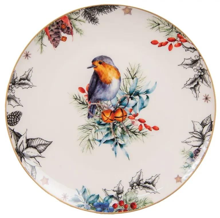 Porcelánový dezertní talíř s vánočním motivem ptáčka – 21x2 cm