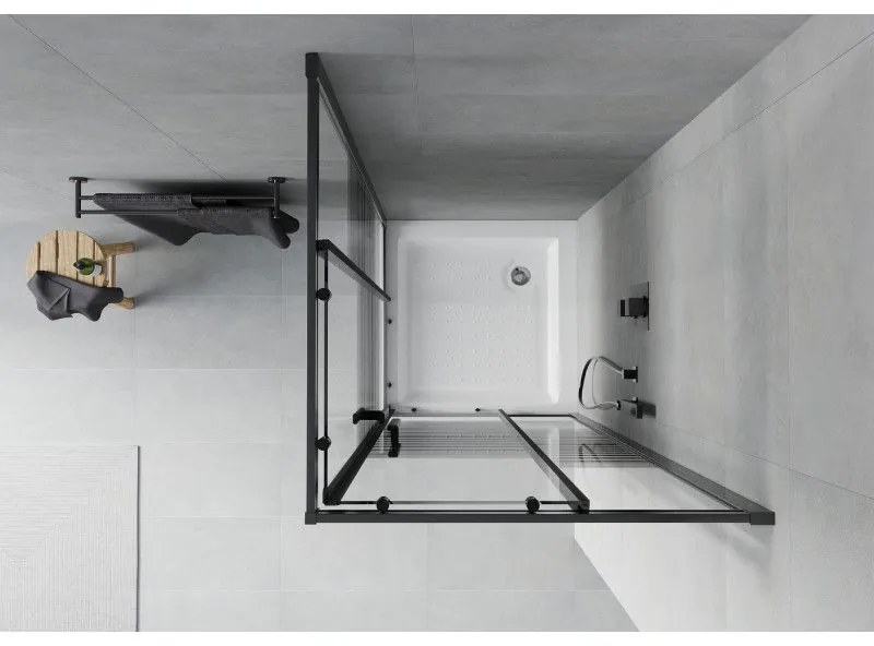 Mexen Rio, čtvercový sprchový kout 80(dveře)x80(dveře)x190 cm, 5mm čiré sklo-vzor pásky, černý profil + bílá sprchová vanička RIO, 860-080-080-70-20-4510