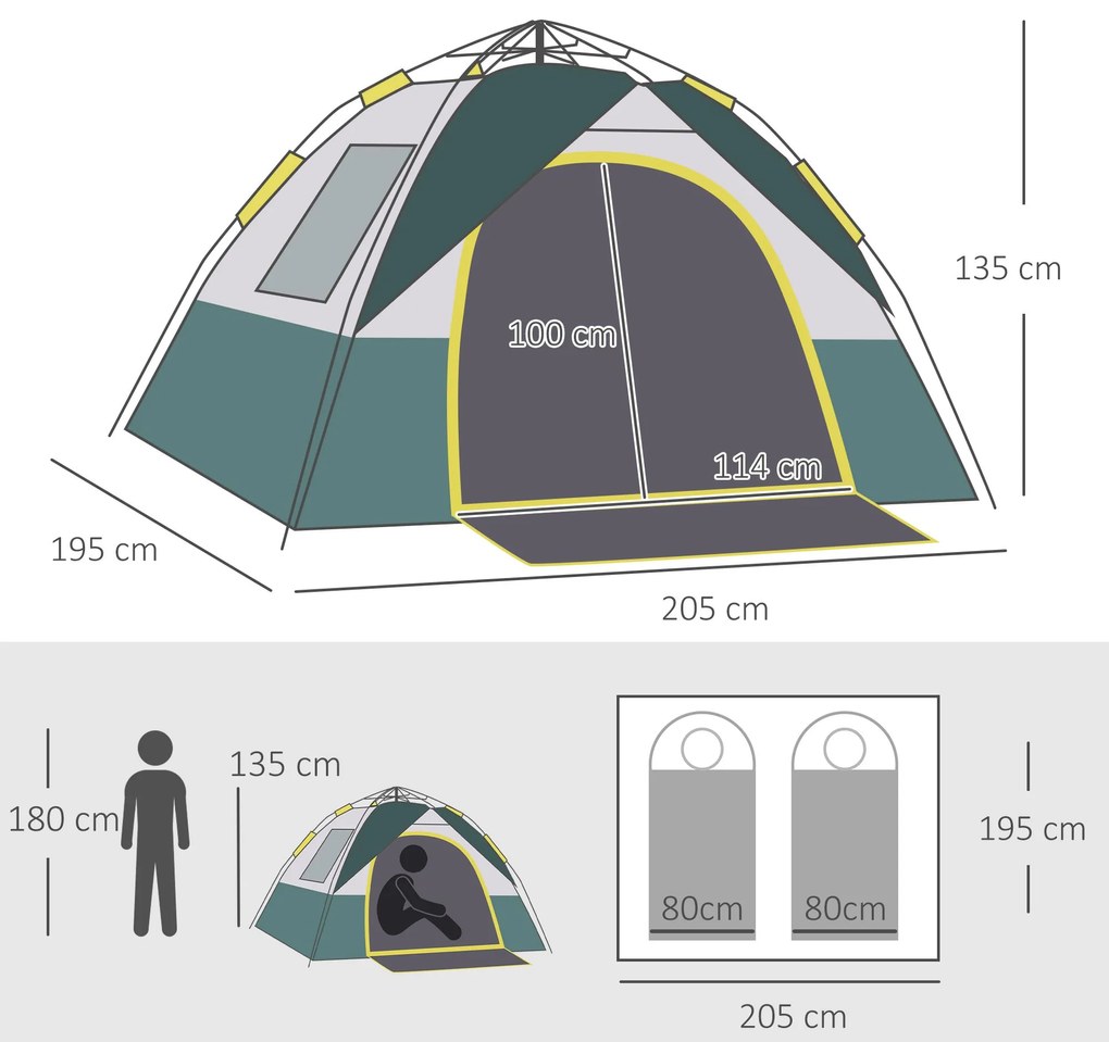 Outsunny kopulový stan pro 3 osoby polyester zelený 205x195x135cm kolíky | Aosom
