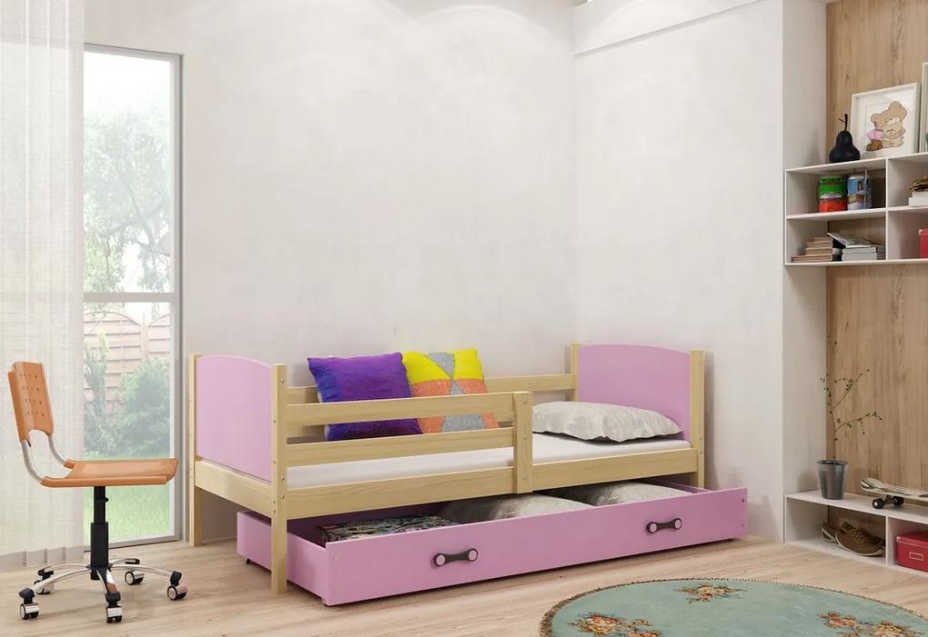 Dětská postel BRENEN + ÚP + matrace + rošt ZDARMA, 90x200, borovice, růžová