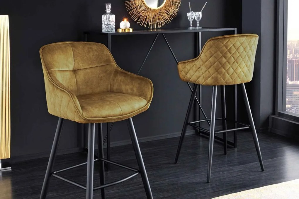 Designová barová židle Natasha tmavě hořčicový samet