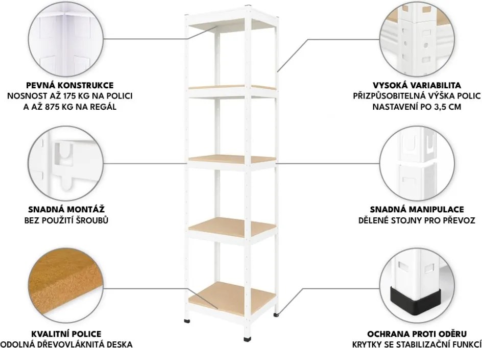 Akce 10x Regál 180x40x40 cm lakovaný 5-policový, nosnost 875 kg - bílý