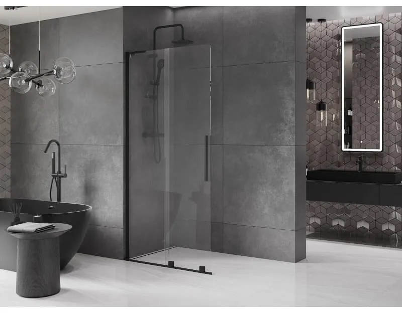 Mexen Velar L, posuvná sprchová zástěna Walk-in 100 x 200 cm, 8mm čiré sklo, černá matná, 871-100-003-03-70