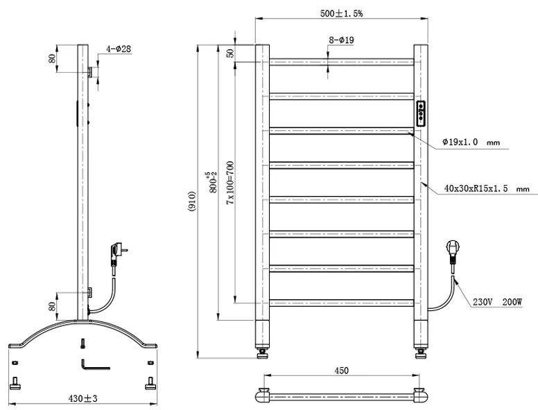 BPS-koupelny Elektrický koupelnový radiátor HYD-TAA-BL 200W, 50x91 cm, černý