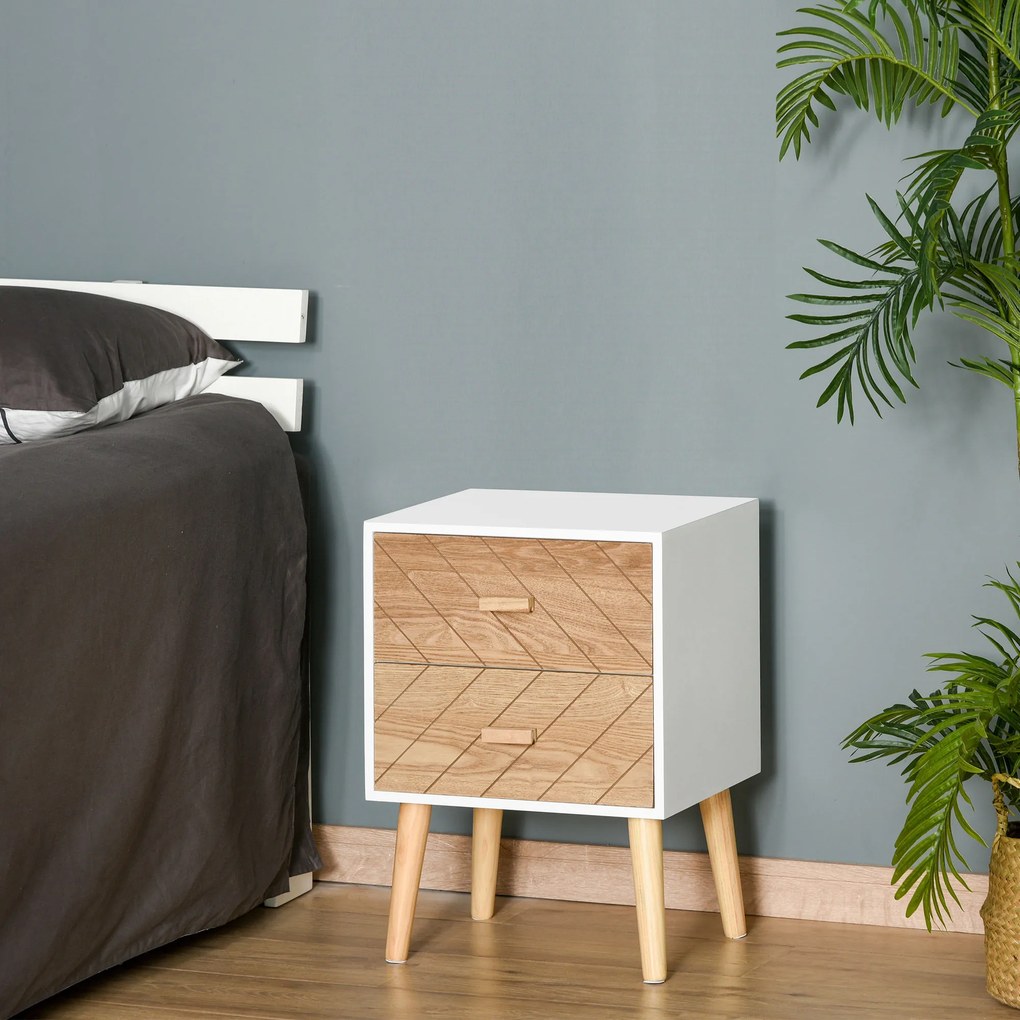 HOMCOM Noční stolek s 2 zásuvkami a zvýšenými nohami do ložnice 40x30x55,5 cm Bílý a přírodní