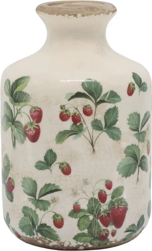Krémová antik keramická váza s jahůdkami Fraises - Ø 11*17 cm