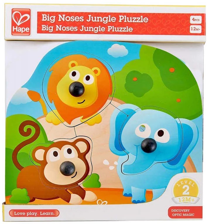 HAPE DŘEVO Baby puzzle vkládací s úchyty zvířátka džungle 3 dílky na desce e1310