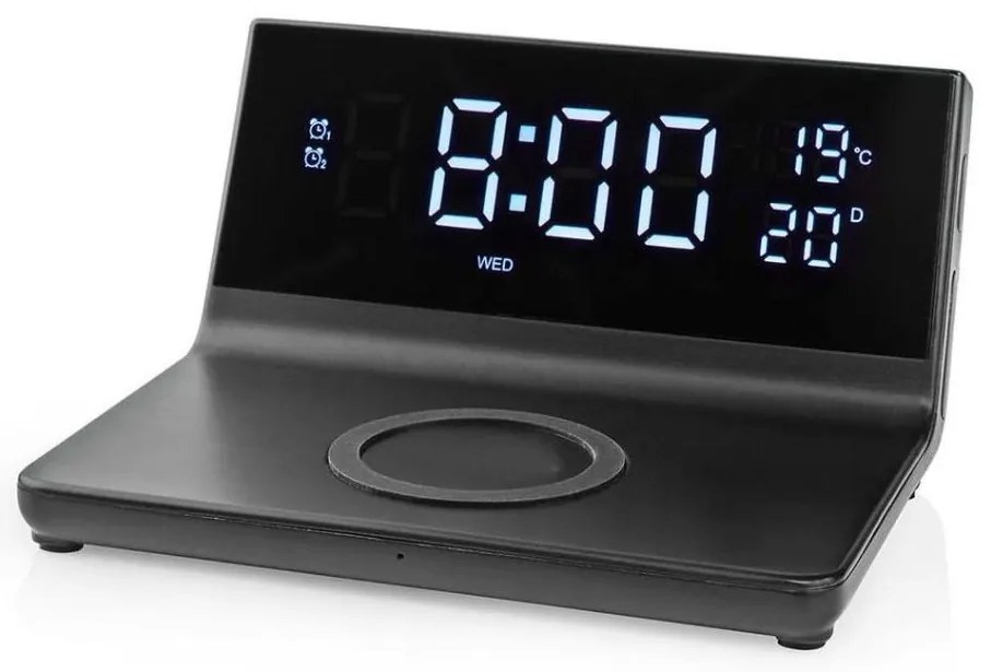 Nedis WCACQ20BK - Budík s LCD displejem a bezdrátovou nabíječkou 15W/5V černá