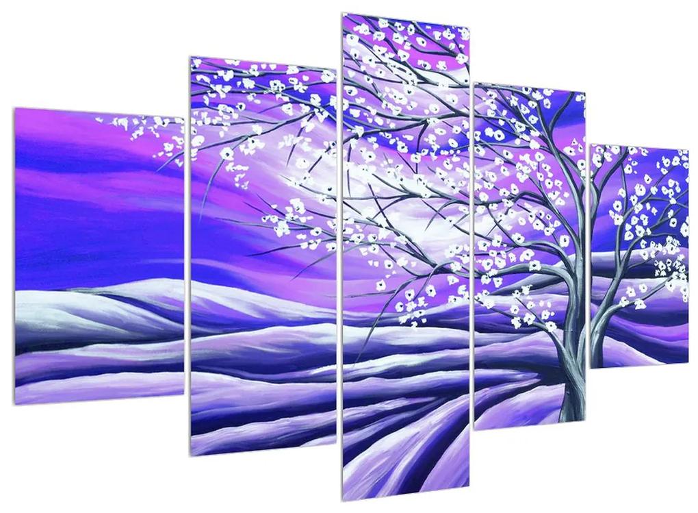 Fialový obraz rozkvetlého stromu (150x105 cm)