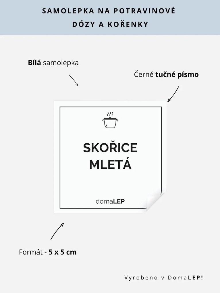 Samolepka na kořenky SKOŘICE MLETÁ bílá 5 × 5 cm tučné písmo