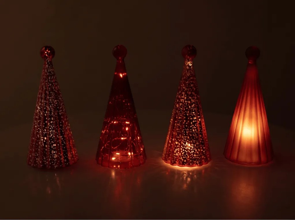 Skleněný svítící stromeček TWINKLE s LED osvětlením 22 cm, červené odstíny