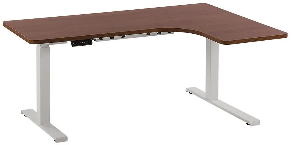 Rohový elektricky nastavitelný psací stůl pravostranný 160 x 110 cm tmavé dřevo/bílý DESTIN II Beliani
