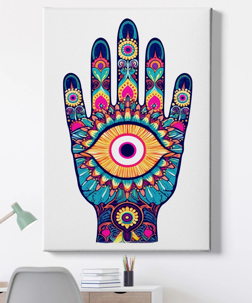 Obraz na plátně - Hamsa pestrobarevná květovaná FeelHappy.cz Velikost obrazu: 30 x 40 cm