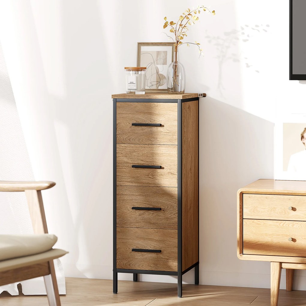 HOMCOM Koupelnová skříňka, 4 zásuvky, kompaktní, průmyslový styl, dřevotříska, kov