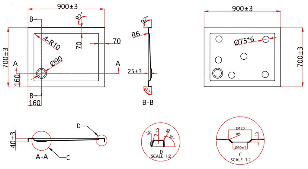 Erga Laos, obdélníková sprchová vanička 90x70x5cm, akrylát, bílá lesklá, ERG-V06-ACR-7090S-WH-CR